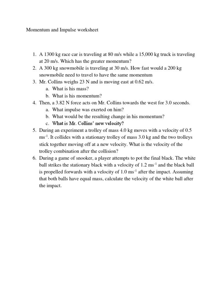 Momentum and Impulse Worksheet | PDF
