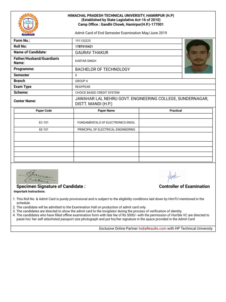 Gaurav Thakur: Admit Card of End Semester Examination May/June 2019 | PDF