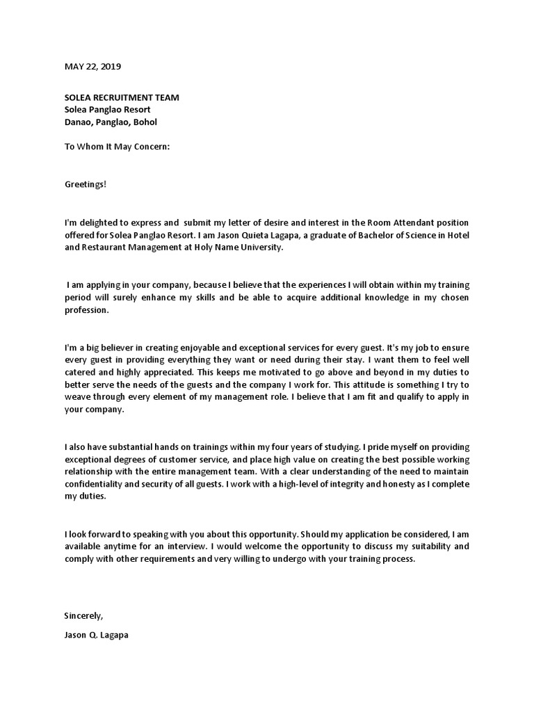 Application Letter (Solea Panglao Resort) | PDF | Cognition | Psychological Concepts
