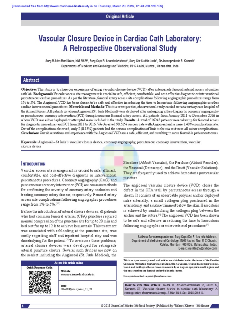 Vascular Closure Device in Cardiac Cath Laboratory: A Retrospective ...