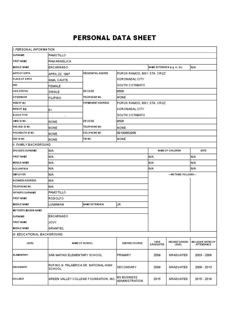 Personal Data Sheet | PDF | Government | Social Institutions