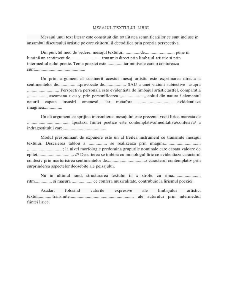 Mesajul Textului Liric 1 | PDF