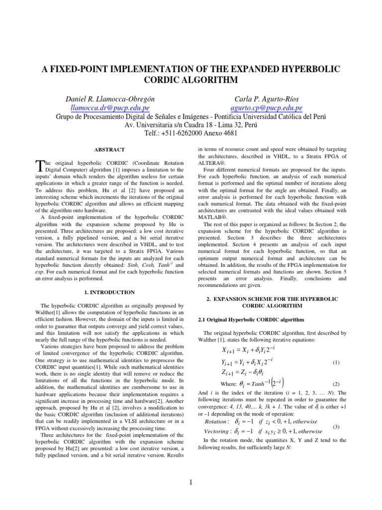 A Fixed Point Implementation Of The Expanded Hyperbolic Cordic Algorithm Pdf Computer 