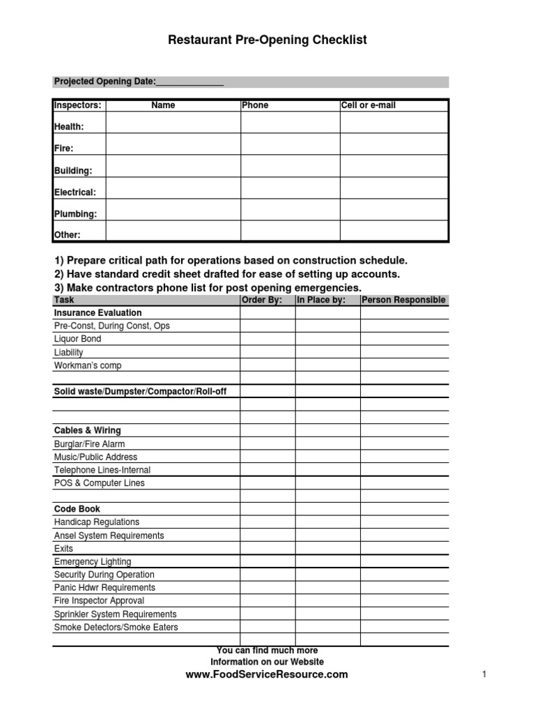 Restaurant Pre-Opening Checklist | PDF | Business