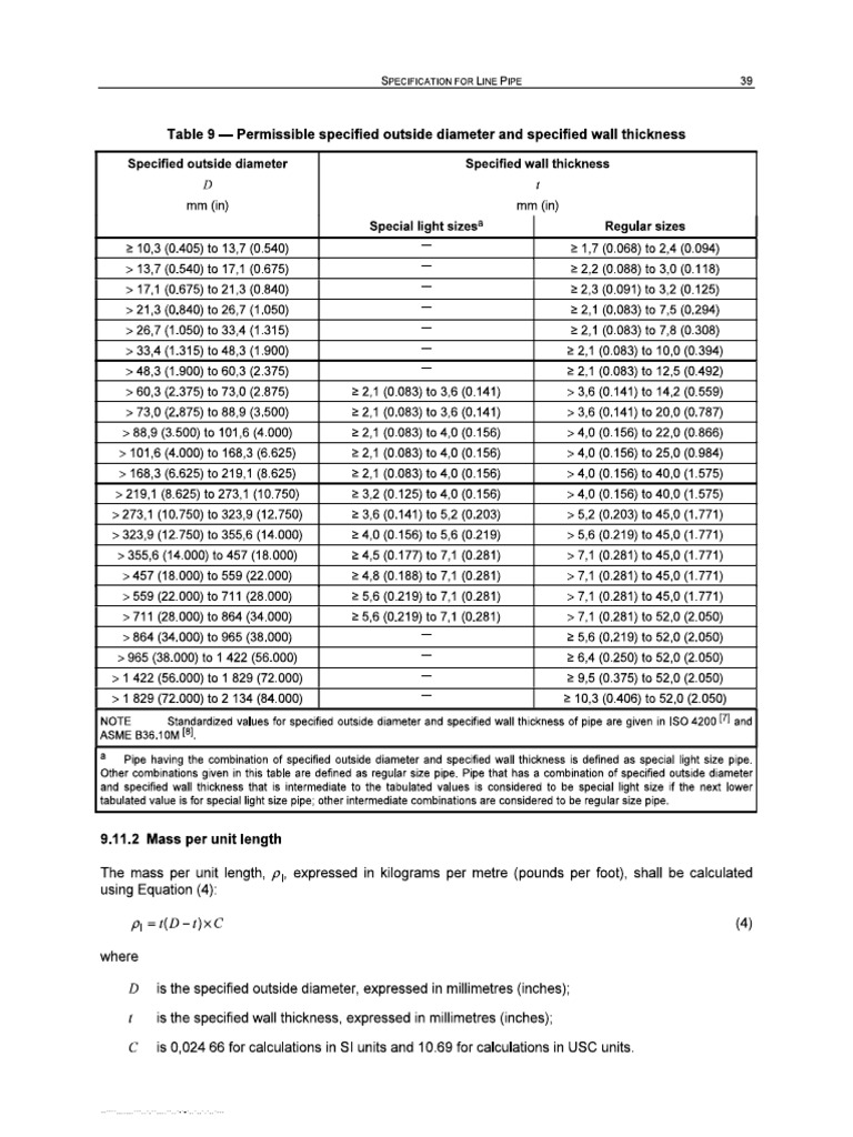 API 5L - Table 9 - Diámetro y Espesor Permitido PDF | PDF