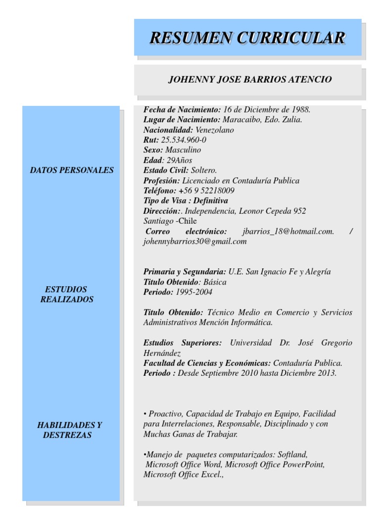 Resumen Curricular Jbarrios Actualizado | PDF | Microsoft Office | Contador