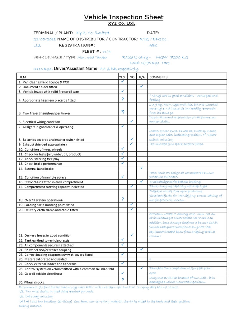 Vehicle Inspection Sheet | PDF | Vehicles | Truck