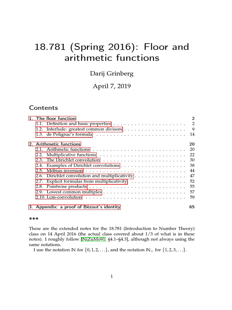 18.781 (Spring 2016) : Floor and Arithmetic Functions: Darij Grinberg ...