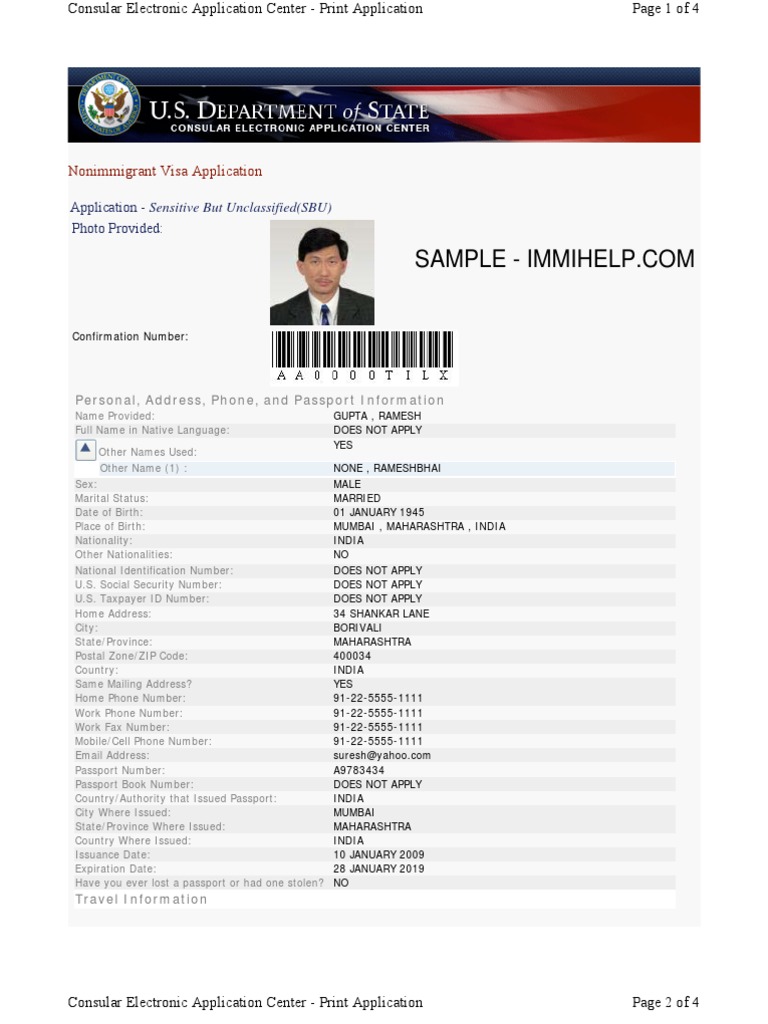 Sample Ds 160 Form Us Visa Application | PDF | Travel Visa | Zip Code