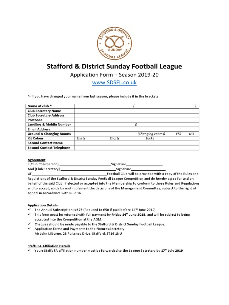 Stafford & District Sunday Football League: Application Form - Season ...