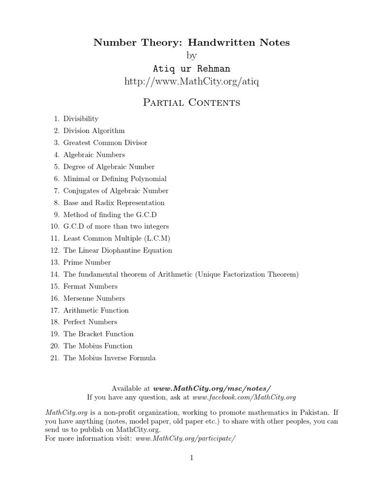 Number Theory Handwritten Notes | PDF