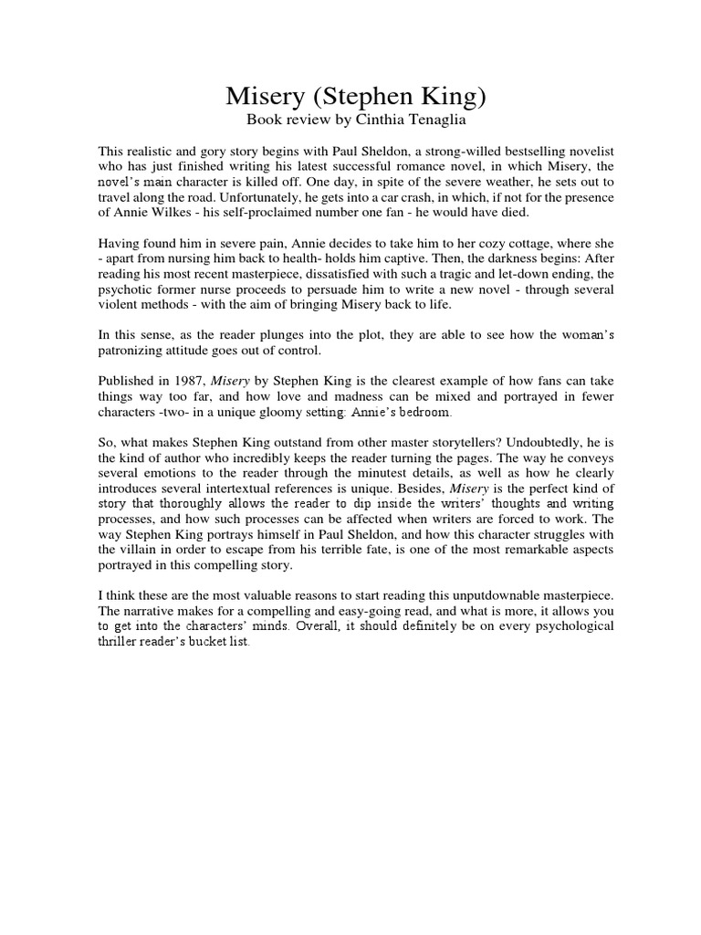 Misery (Stephen King) : Book Review by Cinthia Tenaglia | PDF