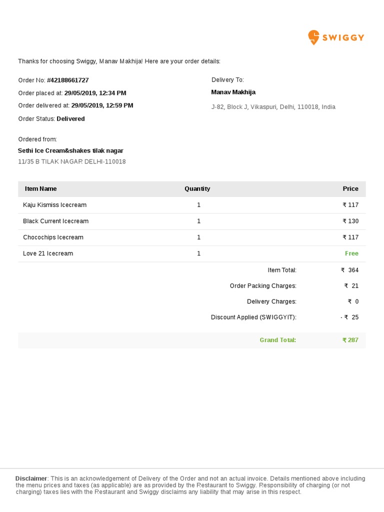 Swiggy Order 42188661727 PDF | PDF