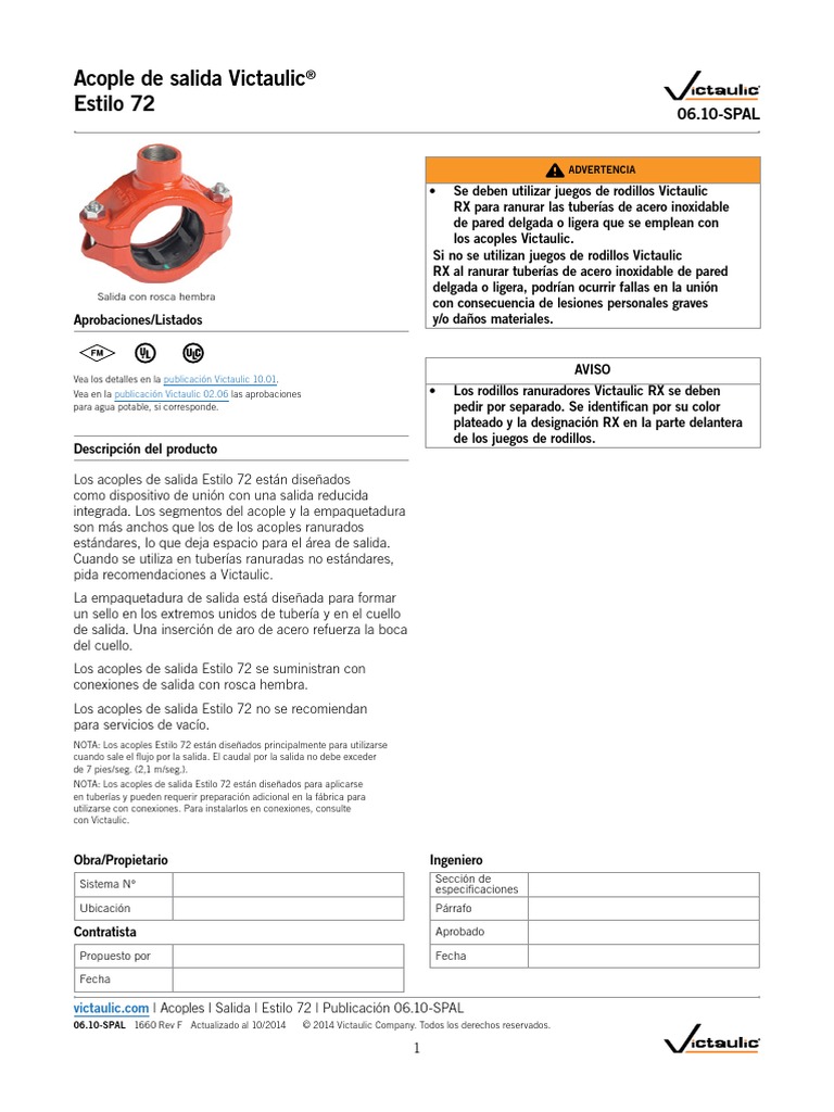 Acople de Salida Victaulic Estilo 72 | PDF | Pulgada | Acero
