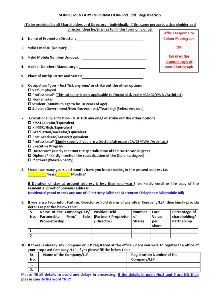 1) Supplementary Information Requirment Sheet - Pvt. Ltd. | PDF | Limited Liability Partnership ...