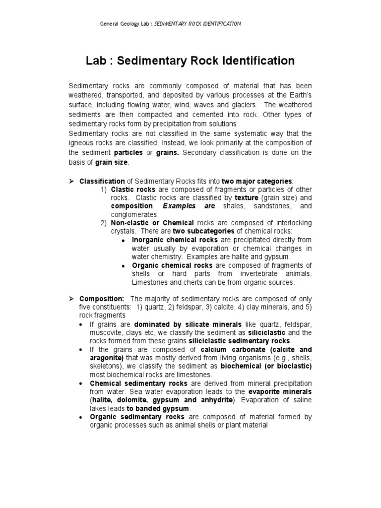 Lab: Sedimentary Rock Identification: Composition. Examples Are Shales ...