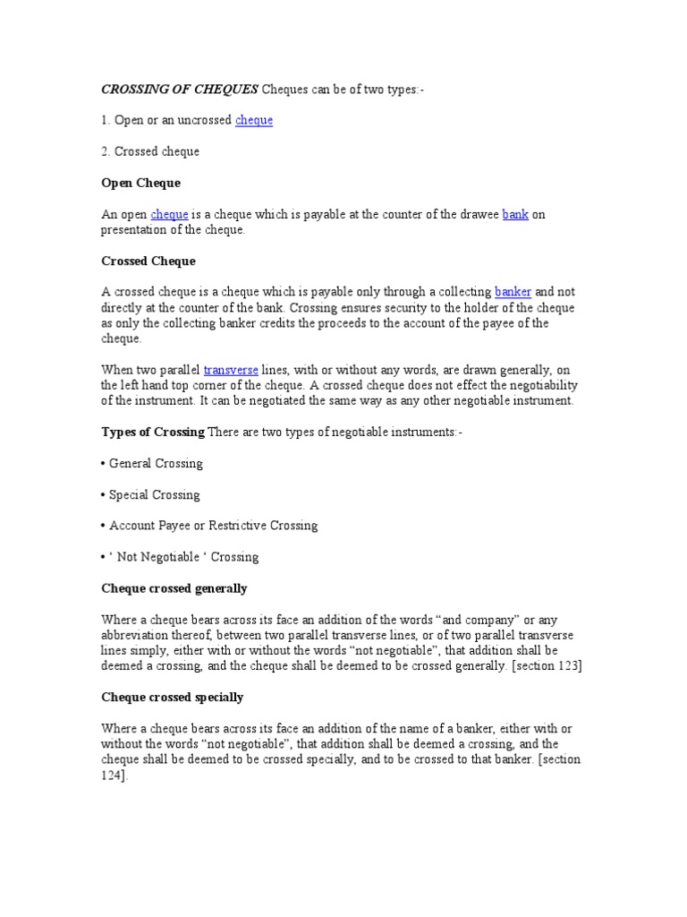 Types of Cheque Crossing Explained | PDF | Negotiable Instrument | Cheque