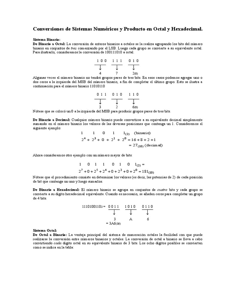 Conversiones de Sistemas Numéricos y Producto en Octal y Hexadecimal ...