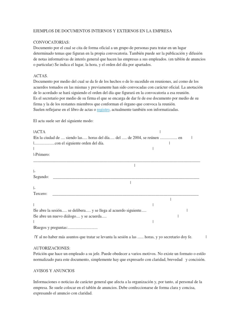 Ejemplos de Documentos Internos y Externos en La Empresa1 | PDF ...
