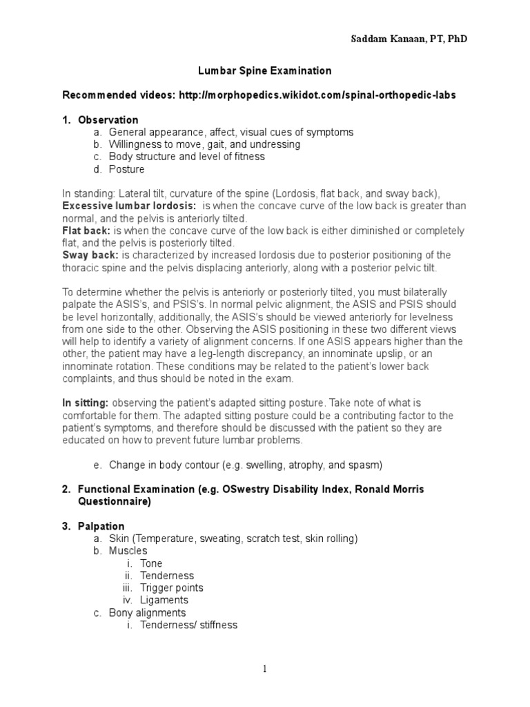 Lumbar Spine Examination Guide | PDF | Anatomical Terms Of Motion ...