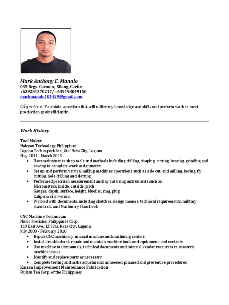 Mark Anthony Manalo Resume | PDF | Numerical Control | Machining