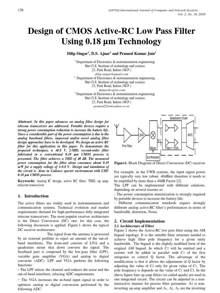 Design of CMOS Active-RC Low Pass Filter Using 0.18 M Technology | PDF ...