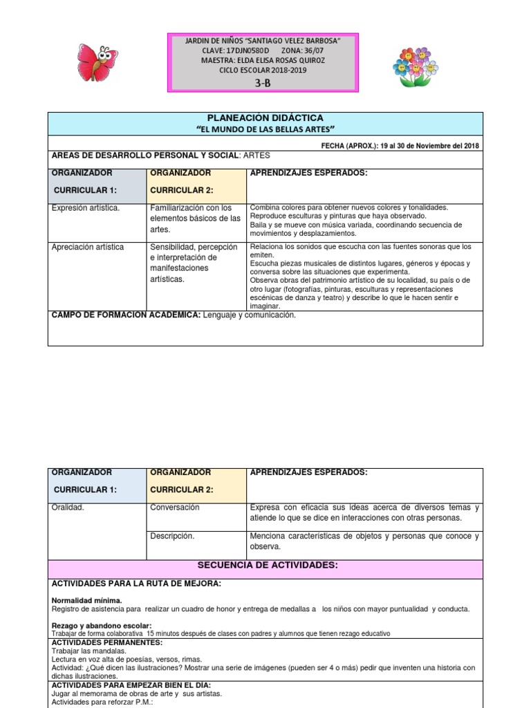 Planeación de Artes para Preescolar | PDF | Educación de la primera ...
