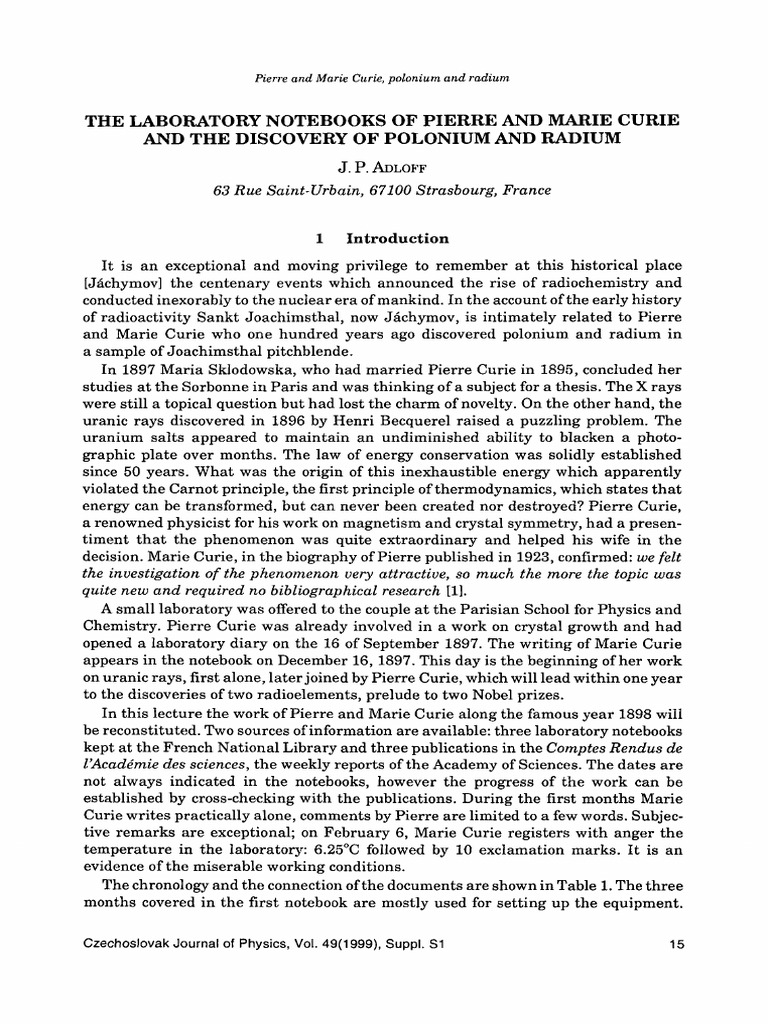 The Laboratory Notebooks of Pierre and Marie Curie and The Discovery of ...