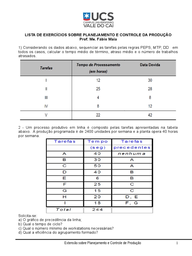Lista de Exercícios de PCP | PDF | Business
