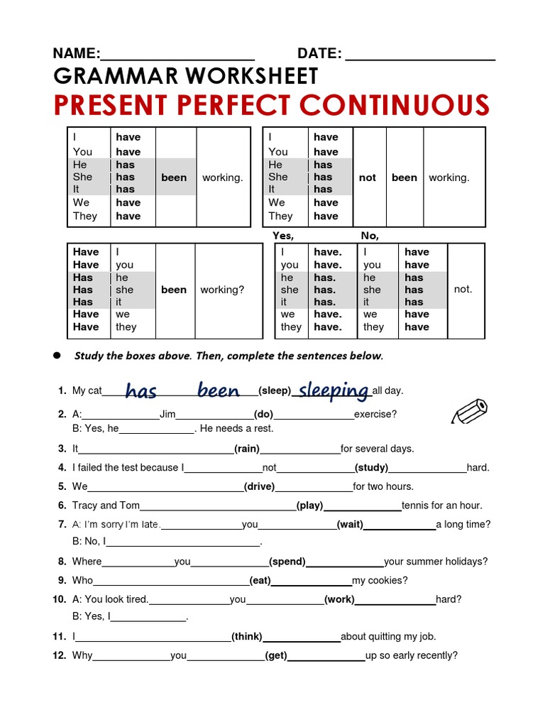 Present Perfect Continuous Worksheet