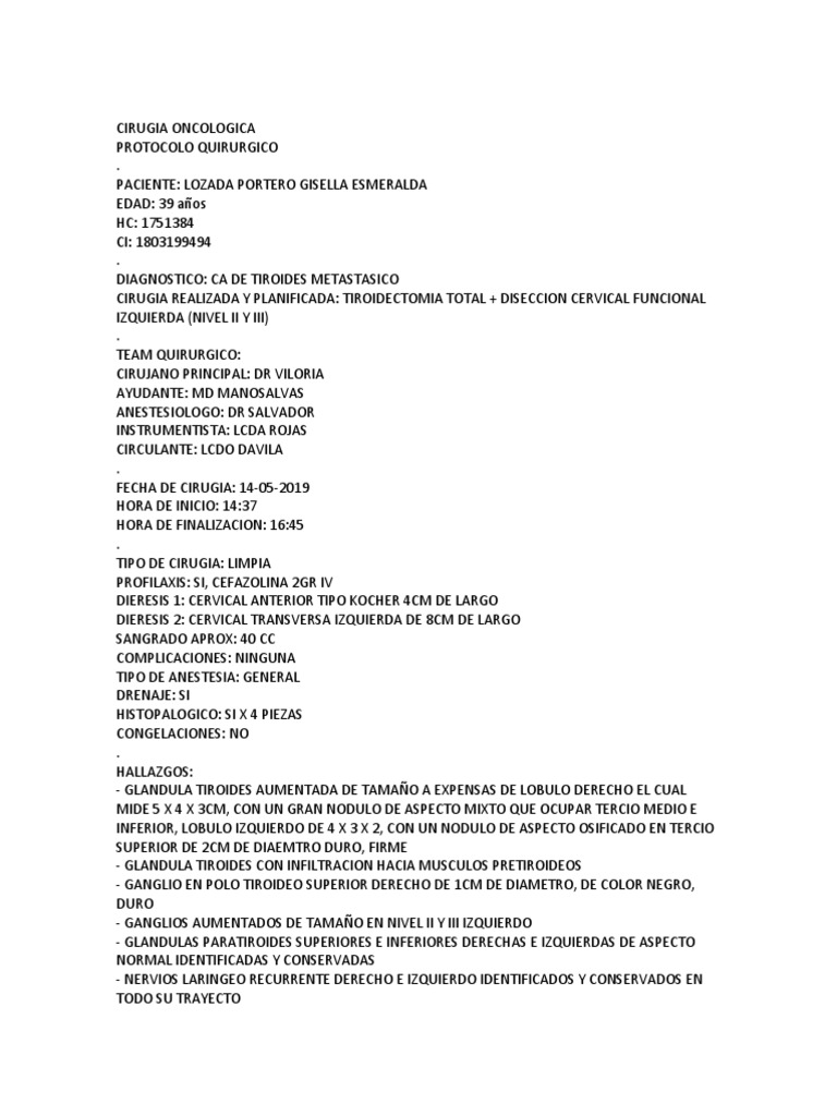 Tiroidectomia Total + Diseccion Cervical Funcional Izquierda | PDF ...