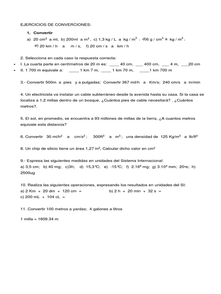 Ejercicios de Conversiones de Unidades | PDF