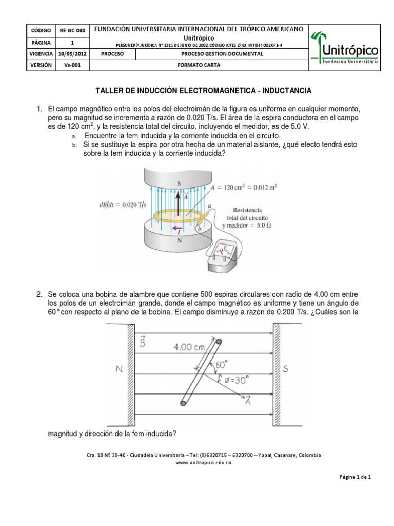 Taller de Inducción Electromagnetica e Inductancia Sem A 2017 | PDF ...