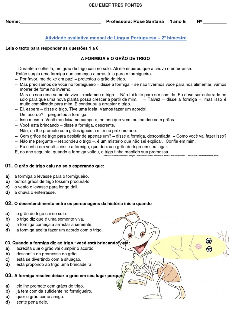 Atividade avaliativa mensal de Língua Portuguesa sobre o texto "A Formiga e o Grão de Trigo ...