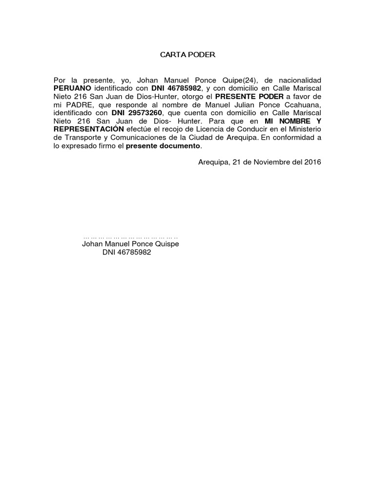 CARTA PODER Ejemplo | PDF | Perú | Agitación