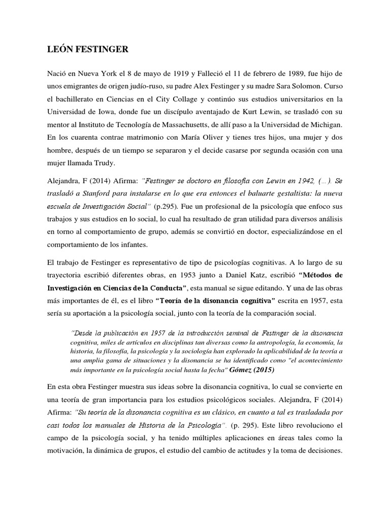 Festinger y la Disonancia Cognitiva | PDF | Justificación | Academia