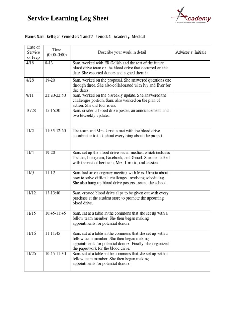 Service Learning Log Sheet | PDF | Blood Donation | Communication