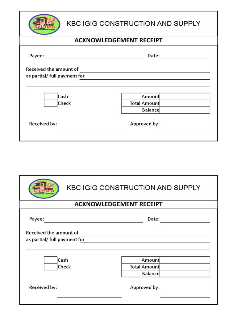 Acknowledgement Receipt: KBC Igig Construction and Supply | PDF