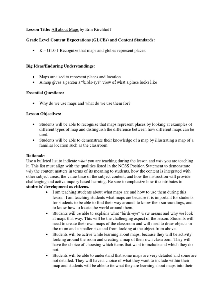 Social Studies Map Lesson Grade K - Erin Kirchhoff | PDF | Classroom ...