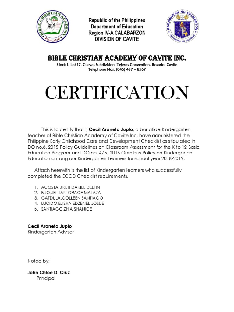 Ecd Certification For Kinder 2018 2019 | PDF