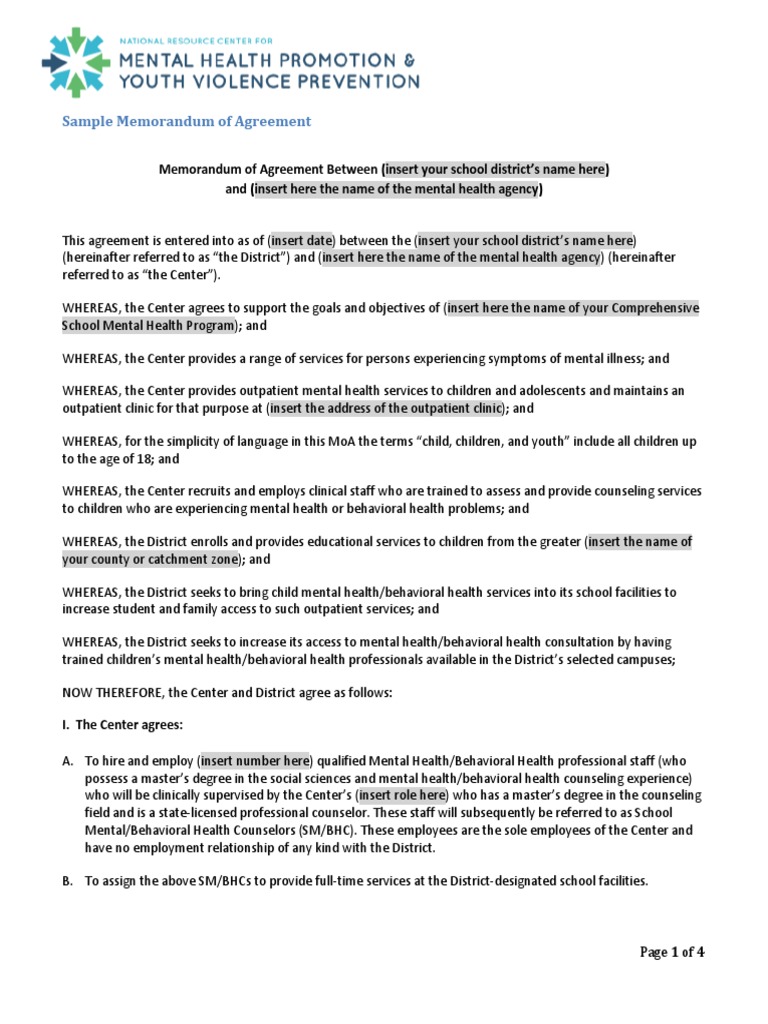 Sample Memorandum Agreement | Mental Health | Indemnity