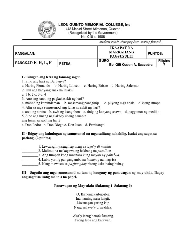 4th Periodical Exam-Fil 7 | PDF