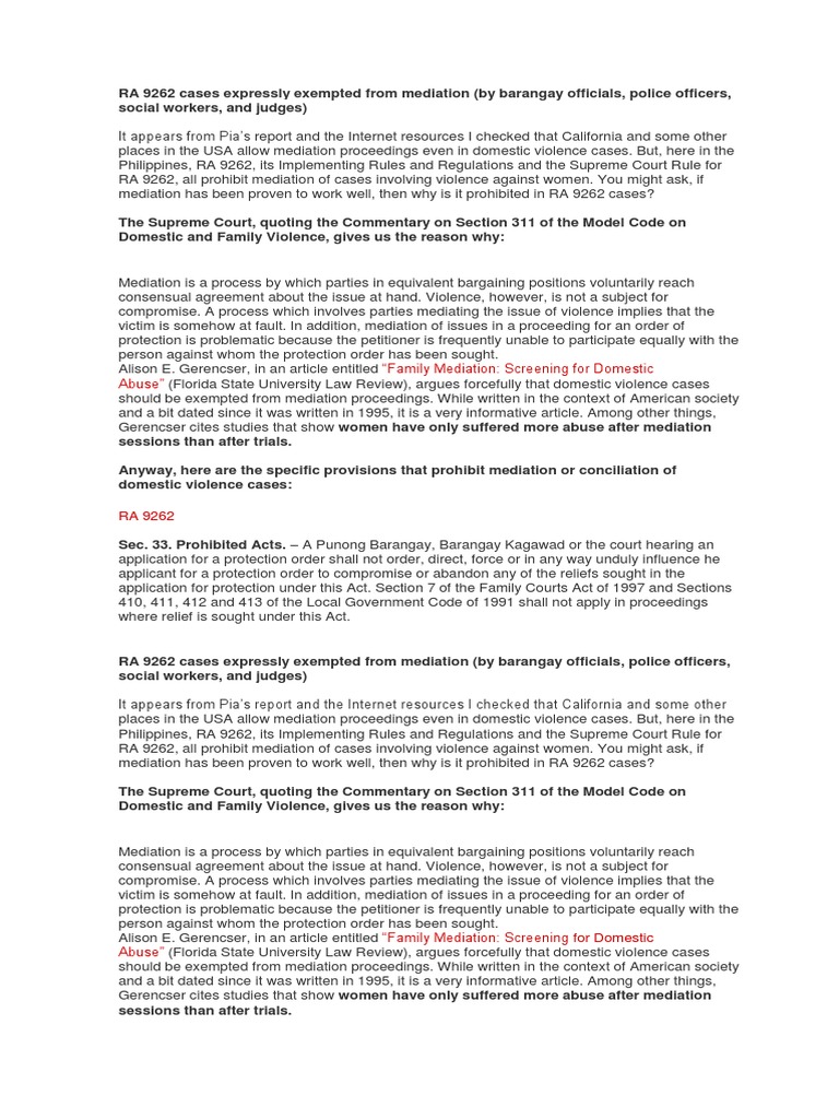 RA 9262 Cases Expressly Exempted From Mediation | PDF | Restraining ...