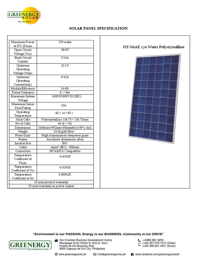 Solar Panel Specification: HT-SAAE 270 Watts Polycrystalline | PDF | Solar Panel | Alternating ...