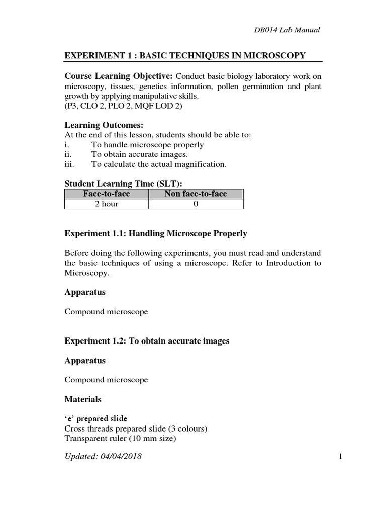 Basic Techniques in Microscopy Lab Report | PDF | Lens (Optics ...