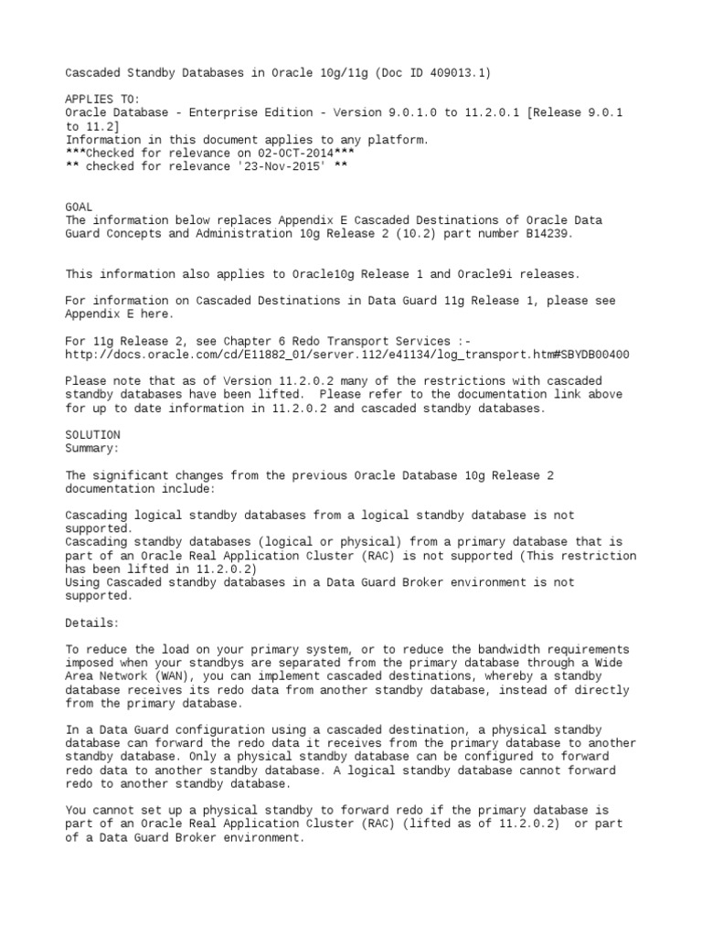 Cacade Dataguard Ora 10g 11g | Download Free PDF | Oracle Database ... Cacade Dataguard Ora 10g 11g | Download Free PDF | Oracle Database ...