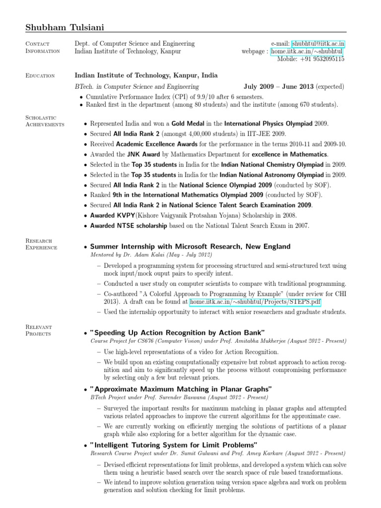 Shubham Tulsiani: Summer Internship With Microsoft Research, New ...