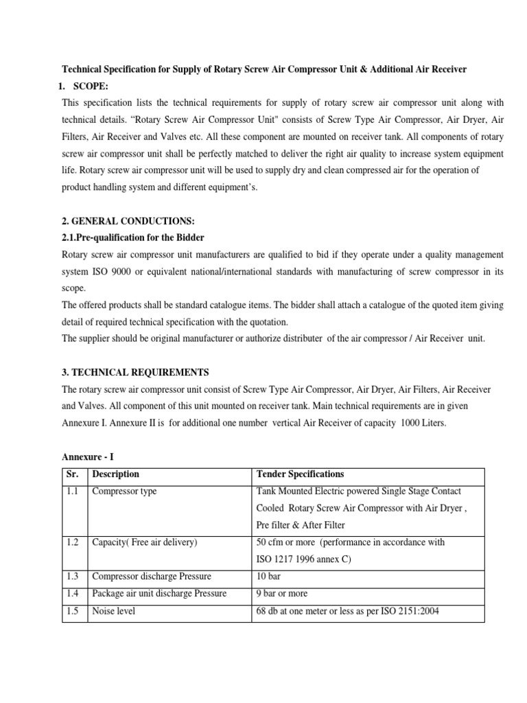 Air Compressor Specifications | PDF | Clothes Dryer | Specification (Technical Standard)