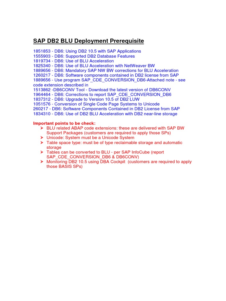 SAP DB2 BLU Deployment Prerequisite: Important Points To Be Check | PDF | Ibm Db2 | Sap Se