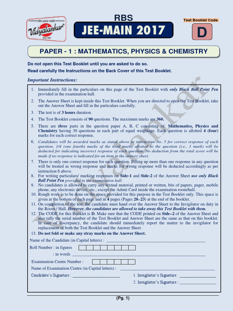 JEE MAIN 2017 Question Paper Solution | PDF | Geometry | Teaching ...